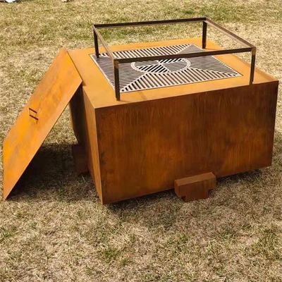 Custom Wood Burning Rusty Metal Corten Steel Geometric Fire Pit With Grill