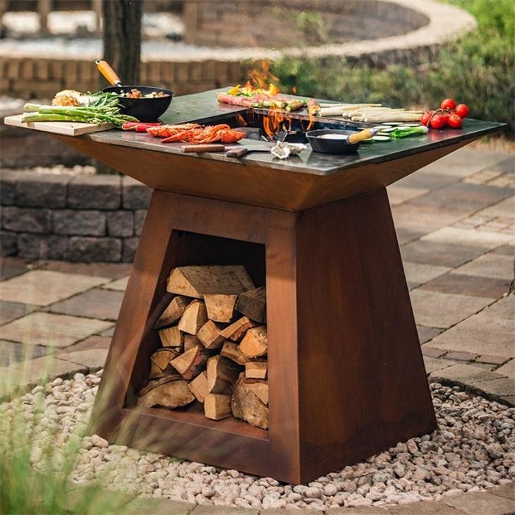 Wood Burning Trapezoid Base Outdoor Cooking Base Corten Steel Fire Pit ...
