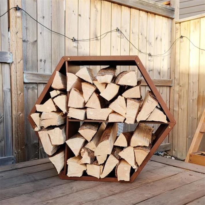 Outdoor Fireplace Hexagonal Wood Stacking Corten Steel Firewood Log Rack
