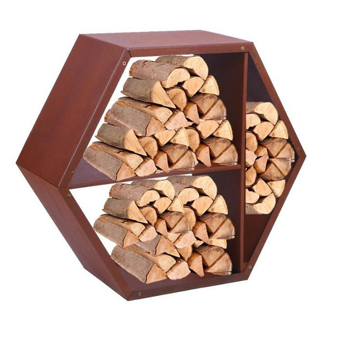 Outdoor Fireplace Hexagonal Wood Stacking Corten Steel Firewood Log Rack