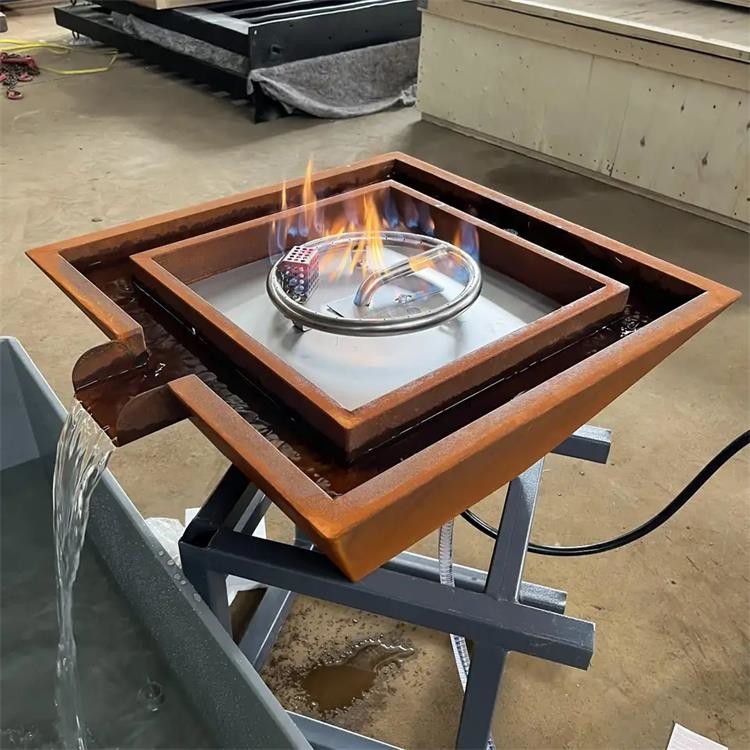 Outdoor Pool Corten Steel Gas Fire Pit Bowl With Water Feature