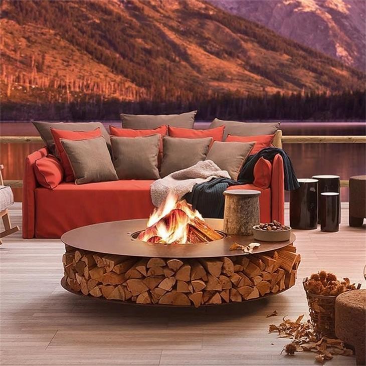 Multifunctional Zero Fire Pit Corten Steel Firewood Storage Wood Holder ...