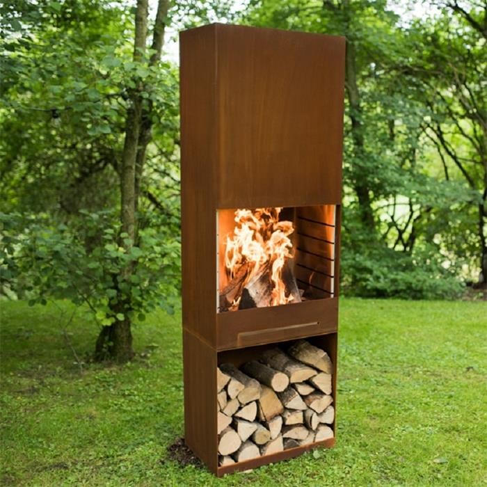Outdoor Wood Burning Rectangular Column Corten Steel Fireplace Cooking ...